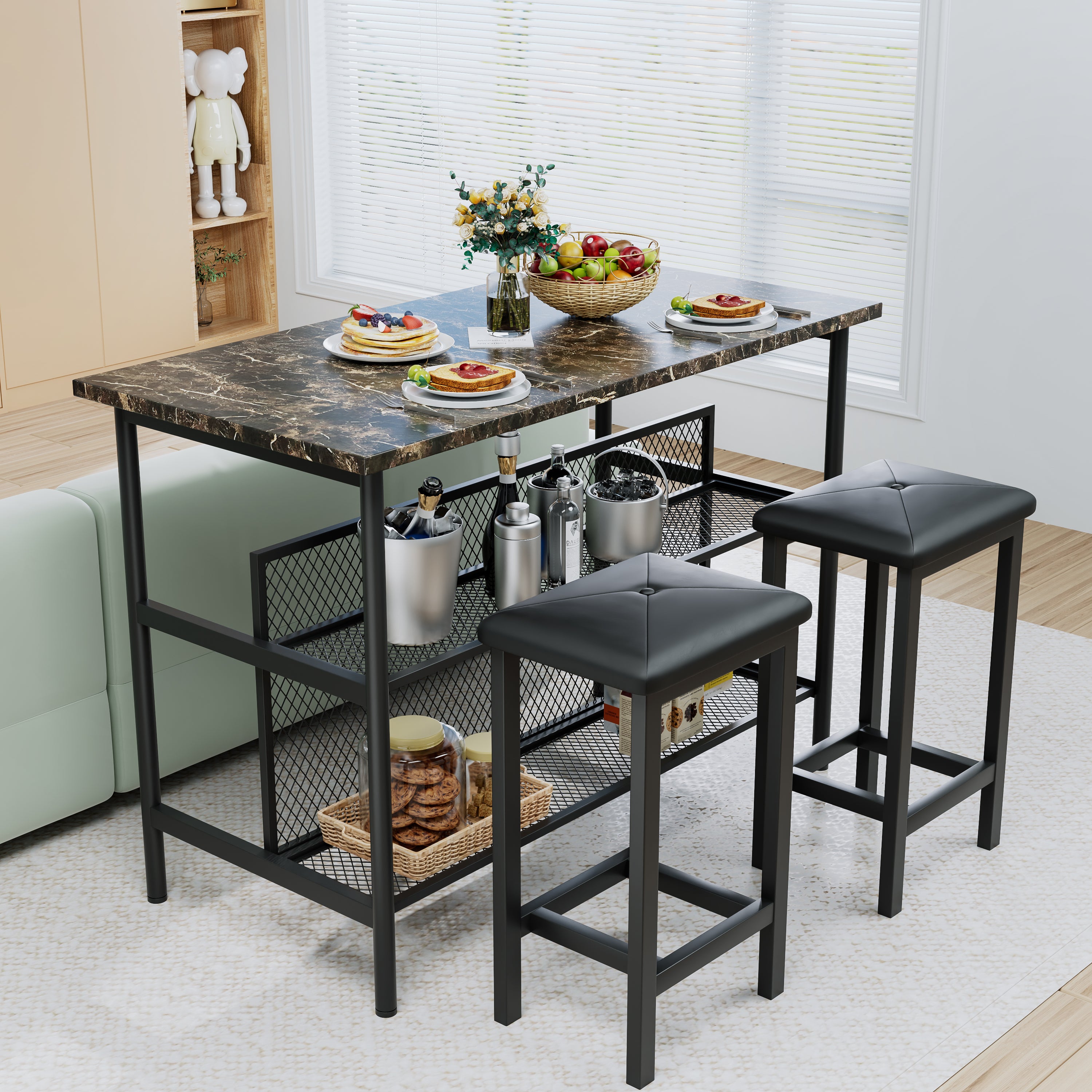 Kitchen Island Set With 2 Seating, BTMWAY Wood Dining Table Set with S ...